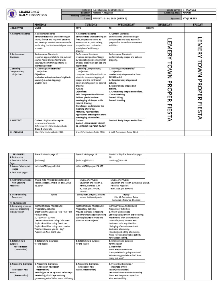 DLL Mapeh 2 q1 w3 - Magsino | PDF | Curriculum | Learning