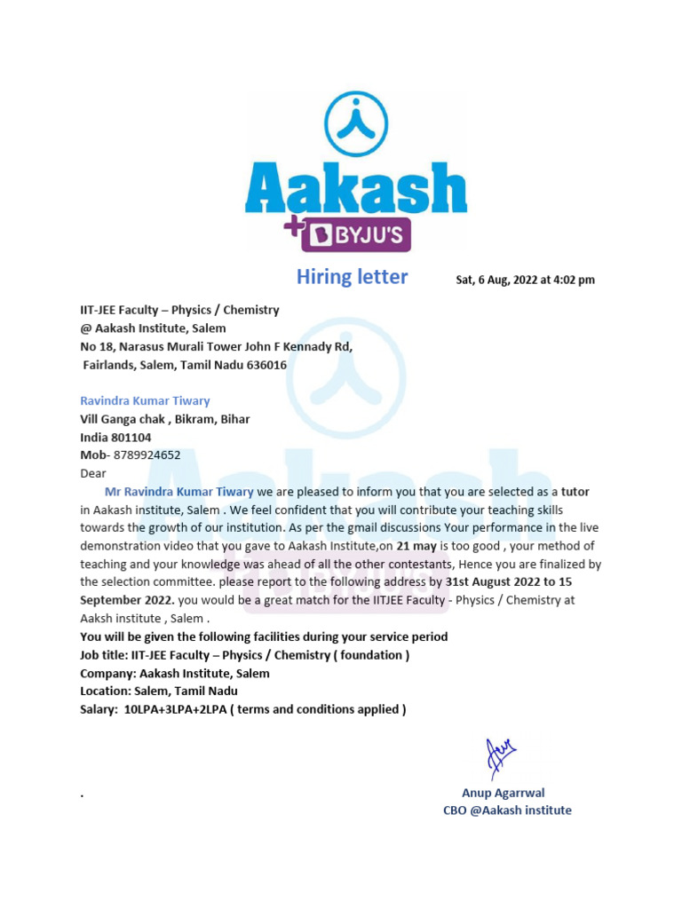 IIT-JEE Faculty Hiring Letter - Aakash Institute | PDF | Career ...