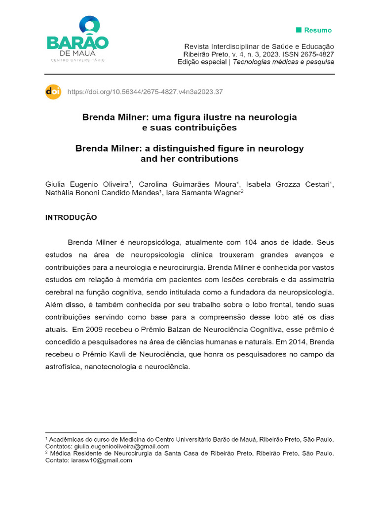 Vista Do Brenda Milner - Uma Figura Ilustre Na Neurologia e Suas ...