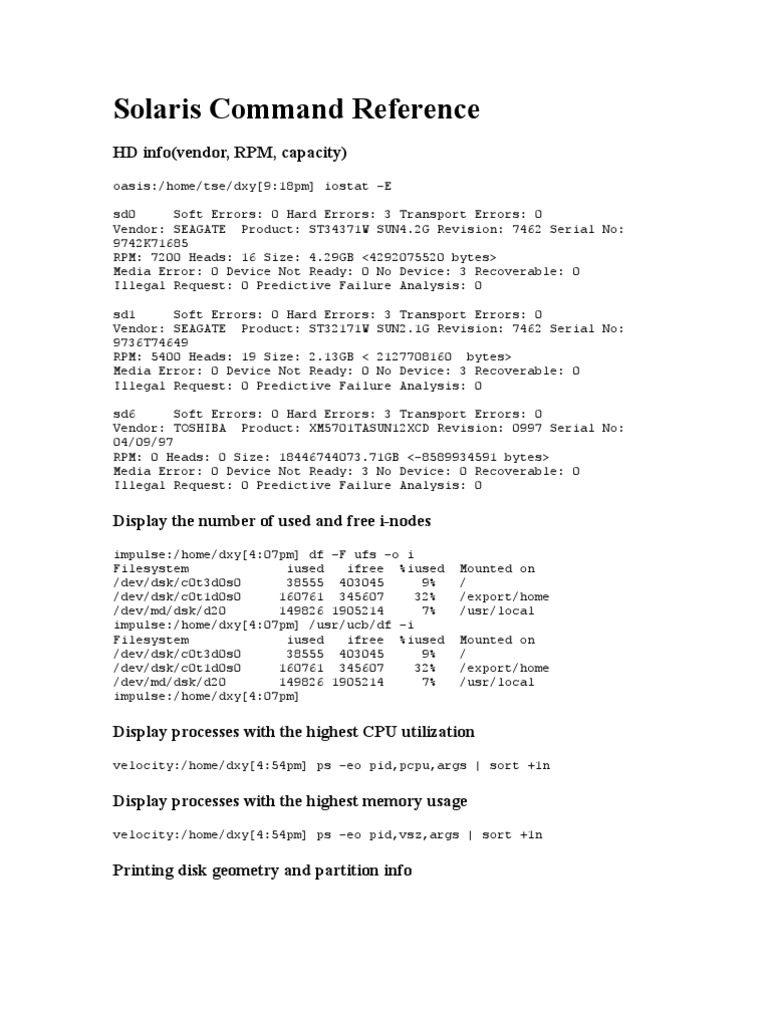Solaris Command Reference | PDF | Hard Disk Drive | Computer Engineering