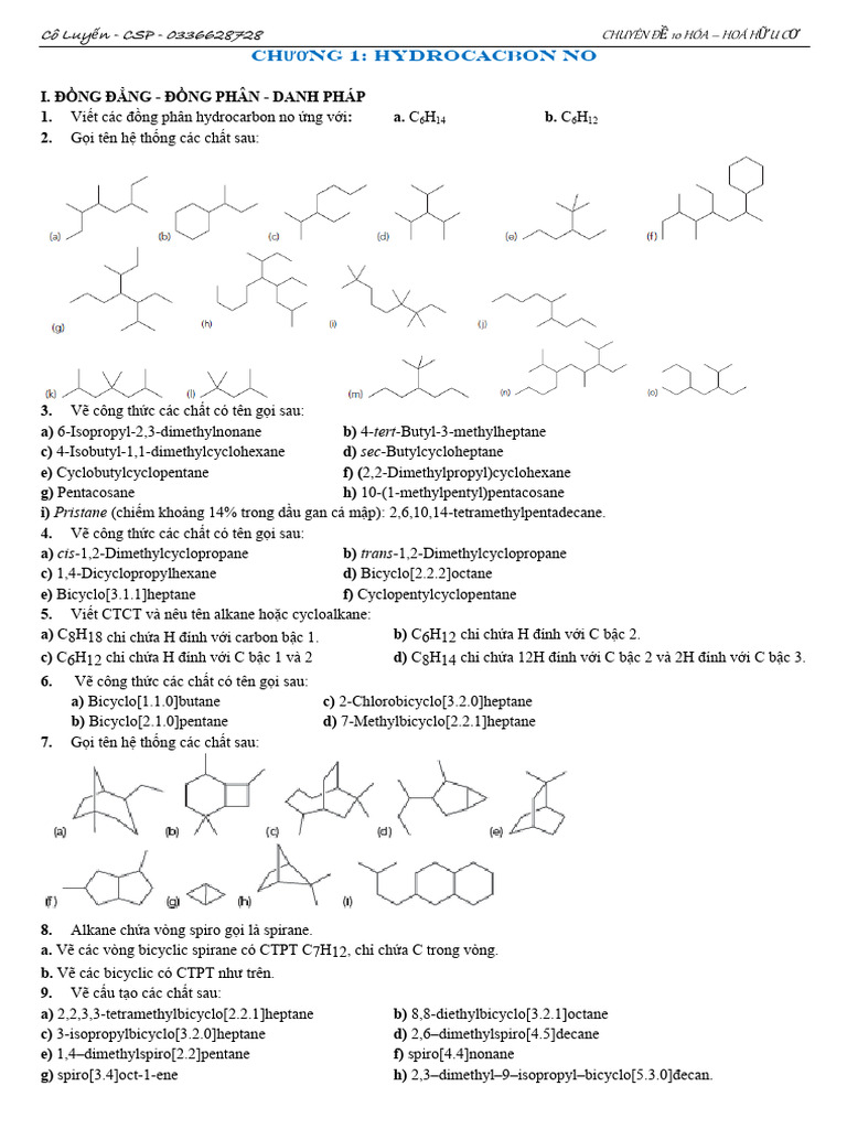 Cô Luy N - CSP - 0336628728 Chuyên Đ: Chương 1: Hydrocacbon No | PDF