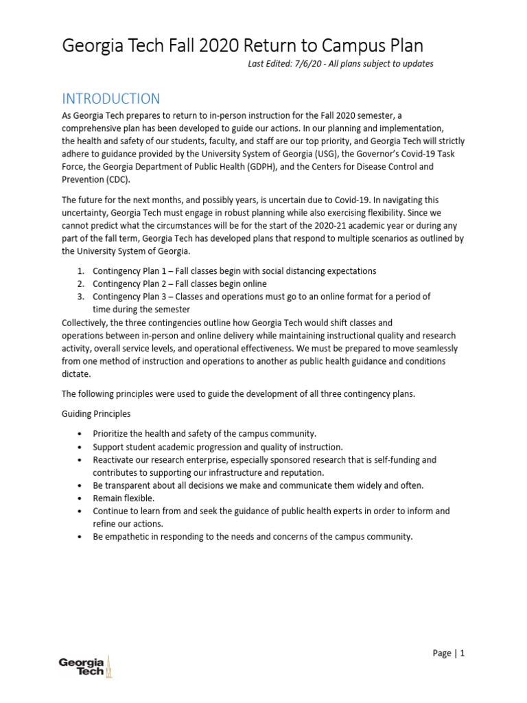 Georgia Tech - Fall 2020 Contingency Plan 2 7.6.20 | PDF | Centers For ...