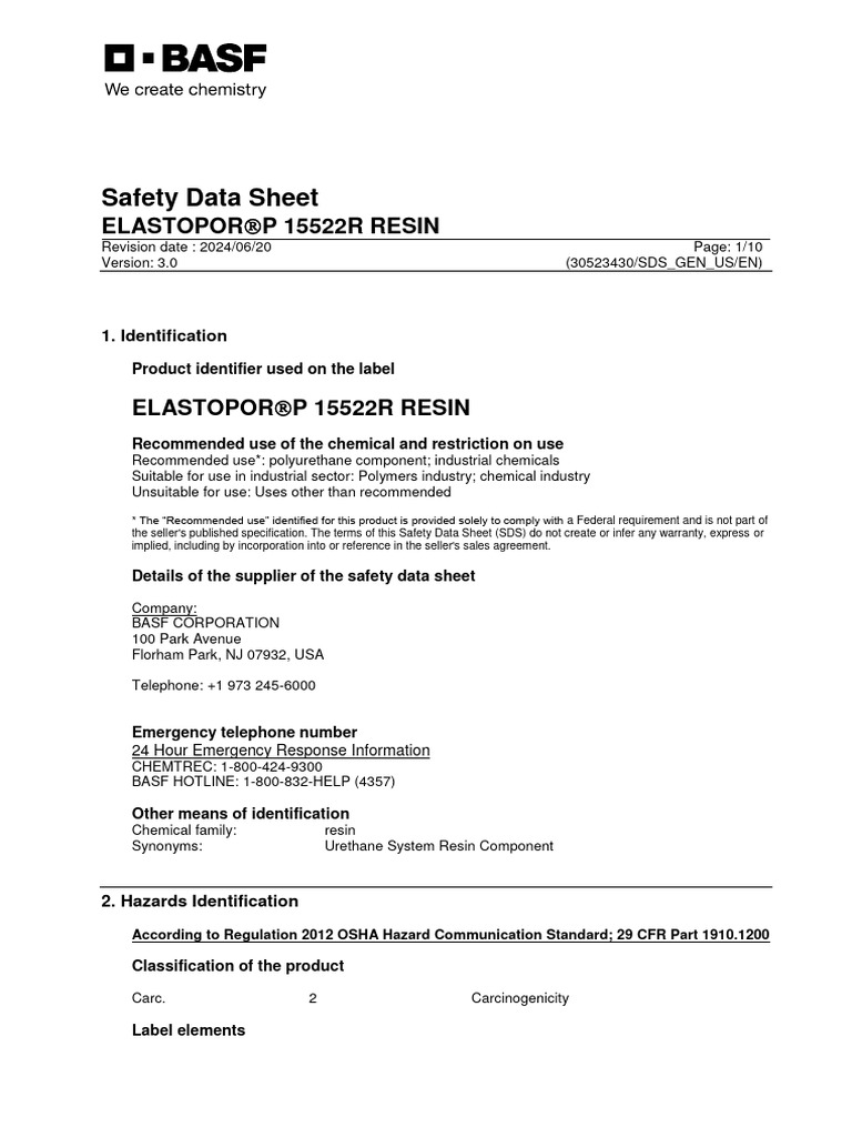 ELASTOPOR+P+15522R+RESIN 30523430 SDS GEN US en 3-0 | PDF | Solubility ...