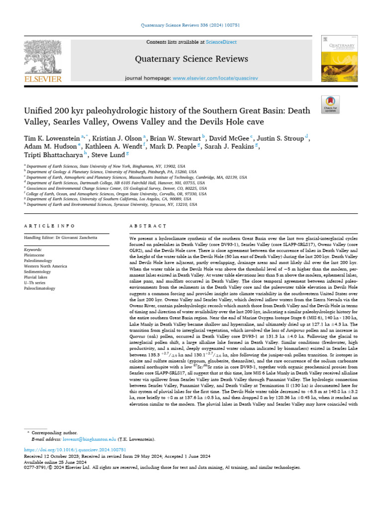 Southern Great Basin 200 Kyr Hydroclimate | PDF | Lake | Earth Sciences