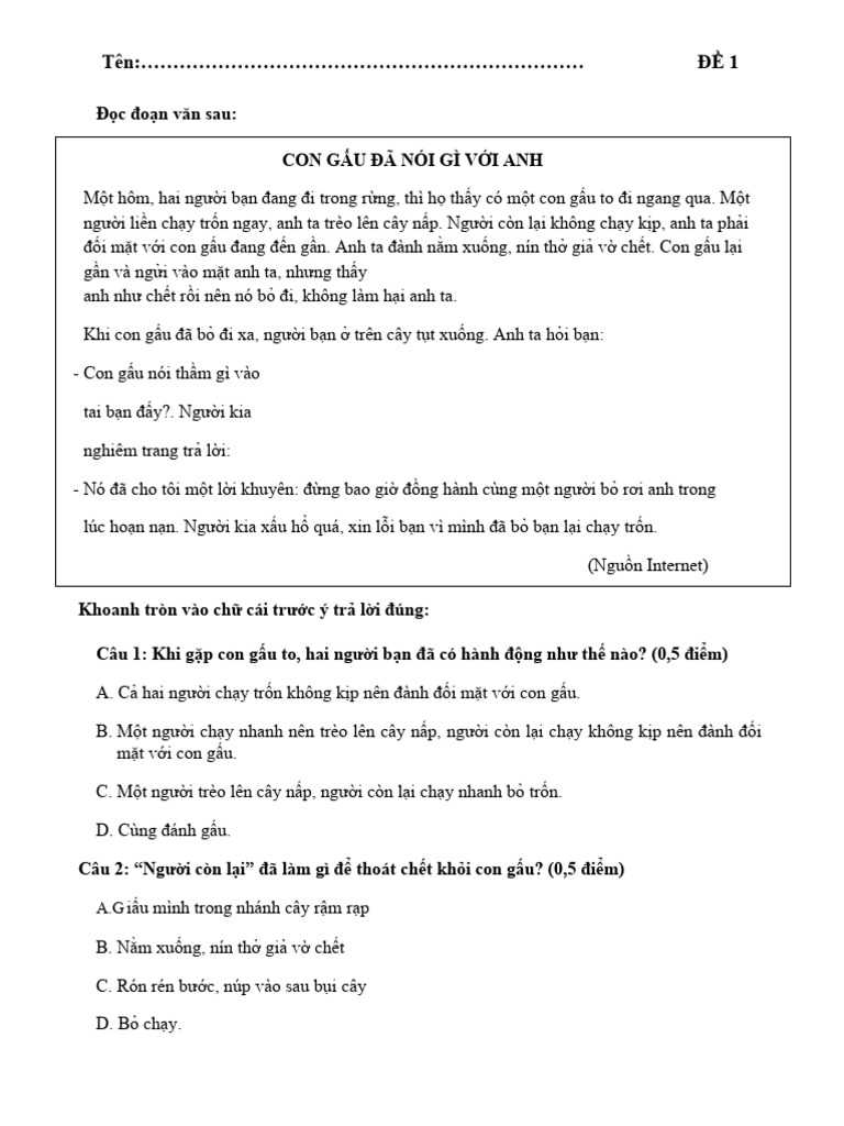 Đề Ôn Tv Cuối Hki - đề 1 | PDF