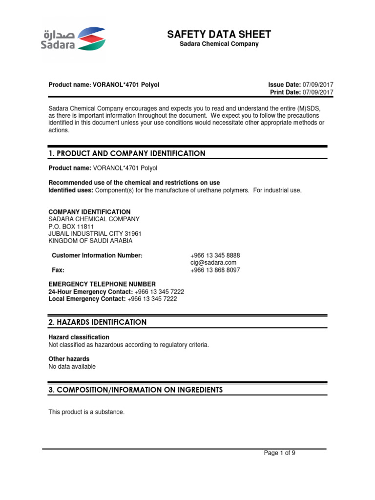 VORANOL 4701 Polyol Safety Data Sheet | PDF | Toxicity | Firefighting