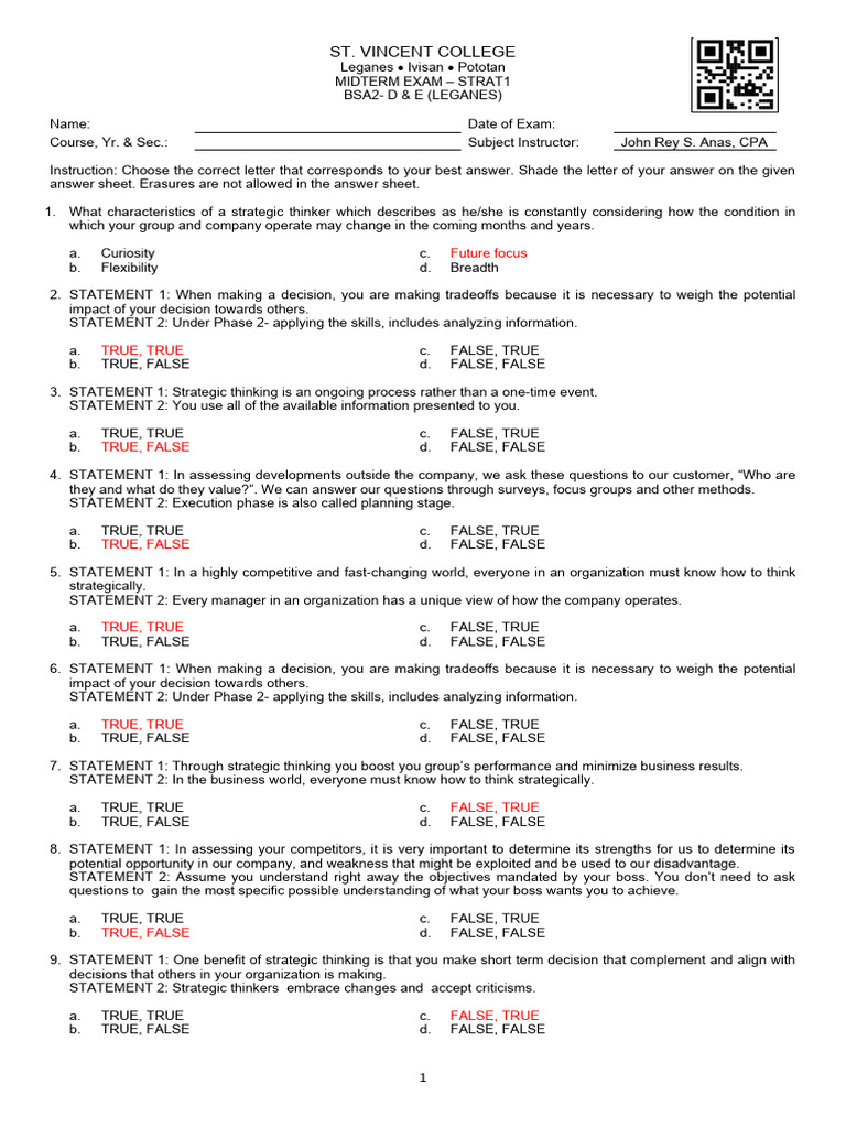 Answer Key Midterm Strat1 2023c | PDF | Strategic Management | Thought