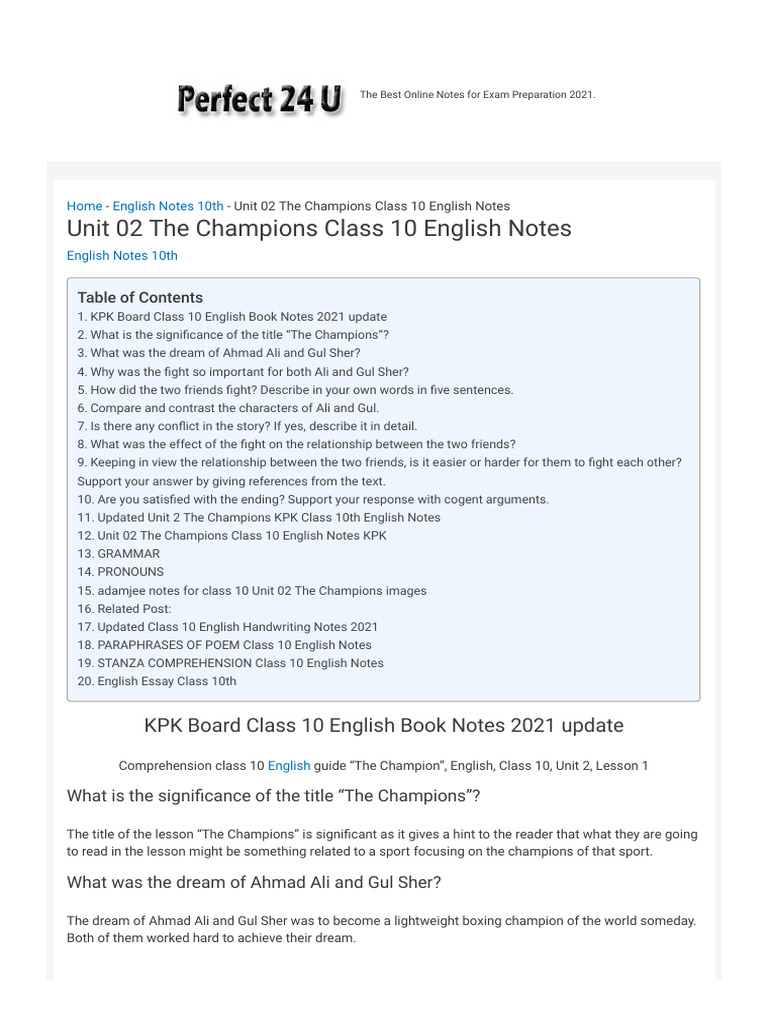 Unit 02 The Champions Class 10 English Notes | PDF | English Language ...