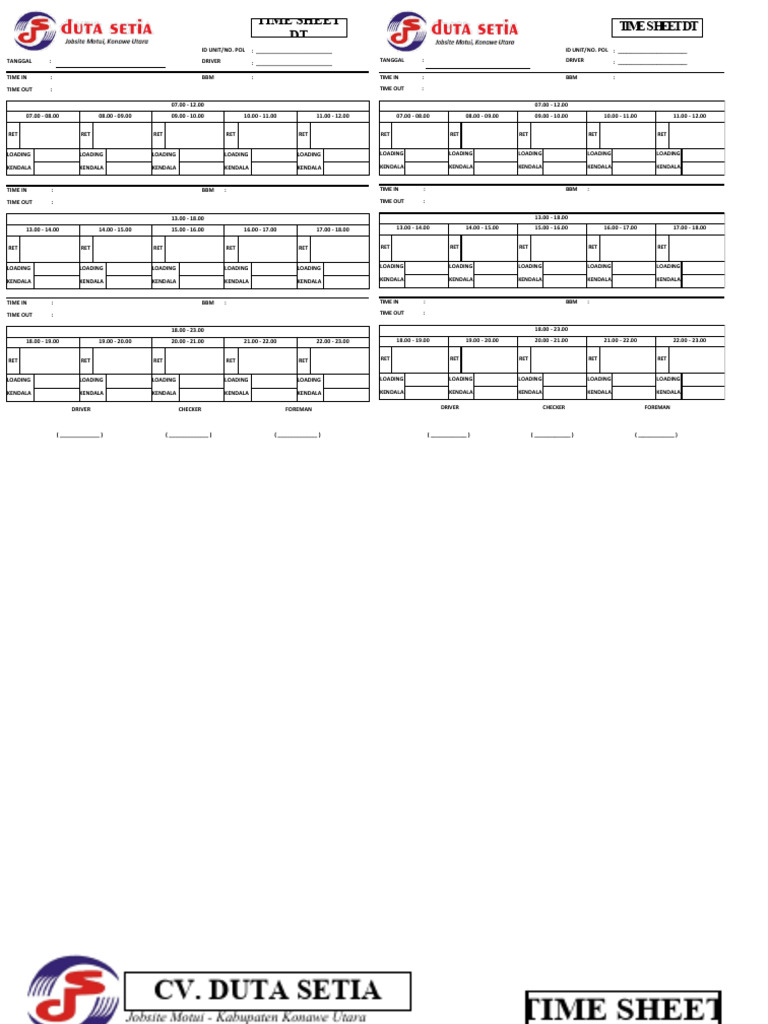 Contoh Nota Time Sheet DT Dan p2h | PDF