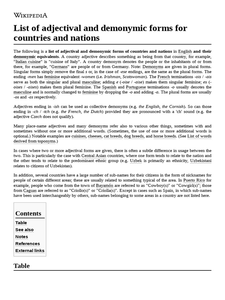 Country Adjectives & Demonyms Guide | PDF | Grammatical Gender | Plural