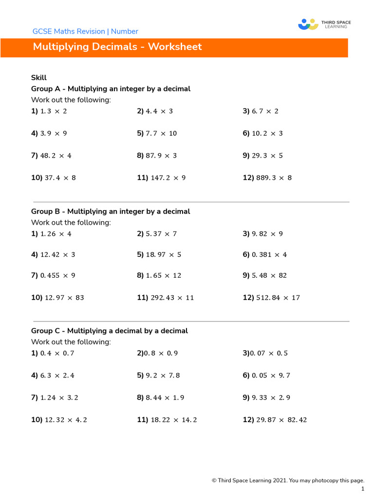 Multiplying Decimals Worksheet | PDF | Multiplication