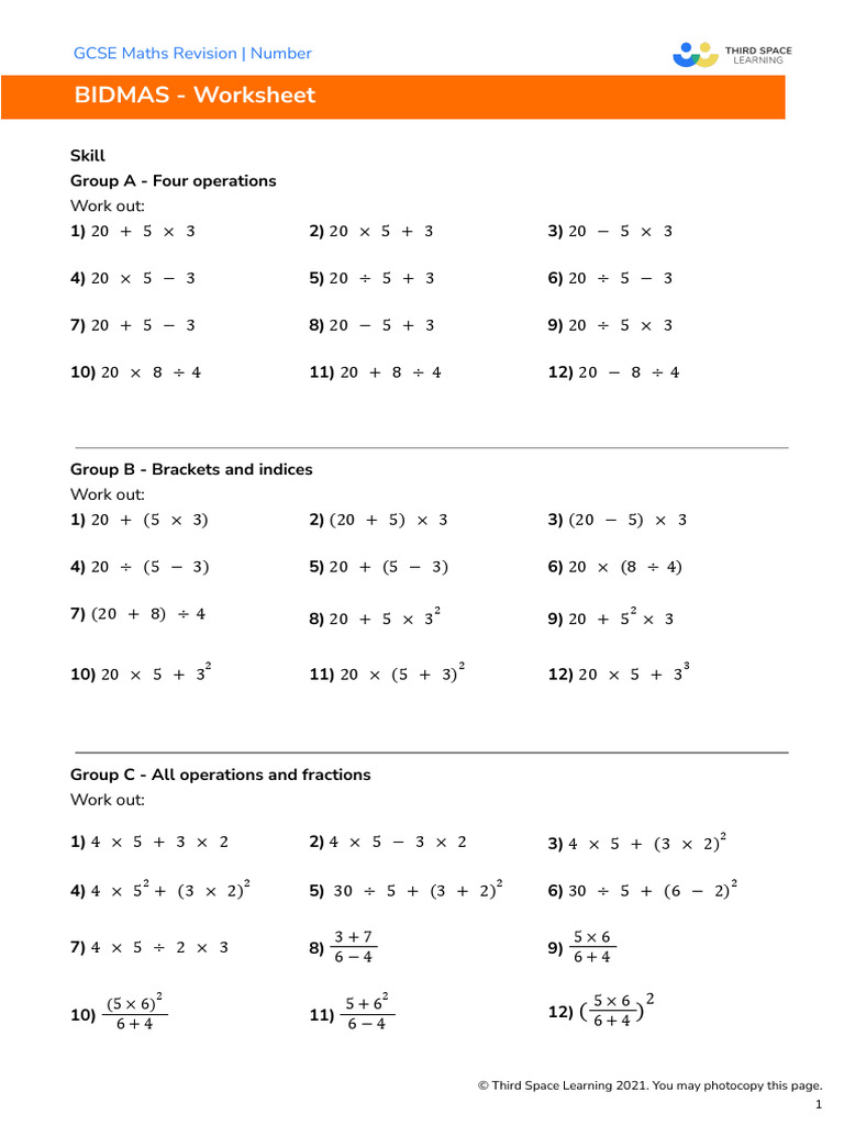 Third Space Learning BIDMAS GCSE Worksheet | PDF | Mathematics