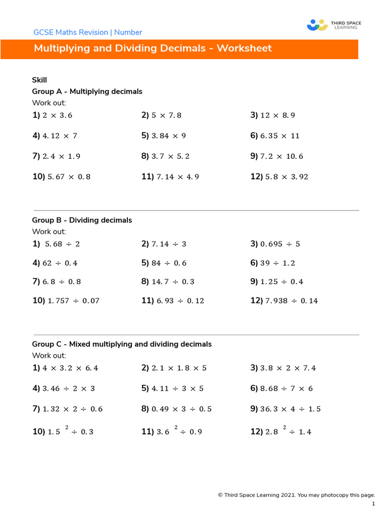 Multiplying-and-Dividing-Decimals Worksheet | PDF | Length | Area