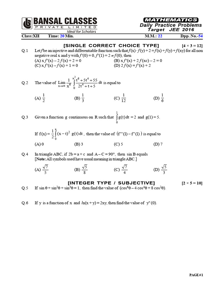Bansal Classes Mathematics DPP's | PDF | Equations | Matrix (Mathematics)