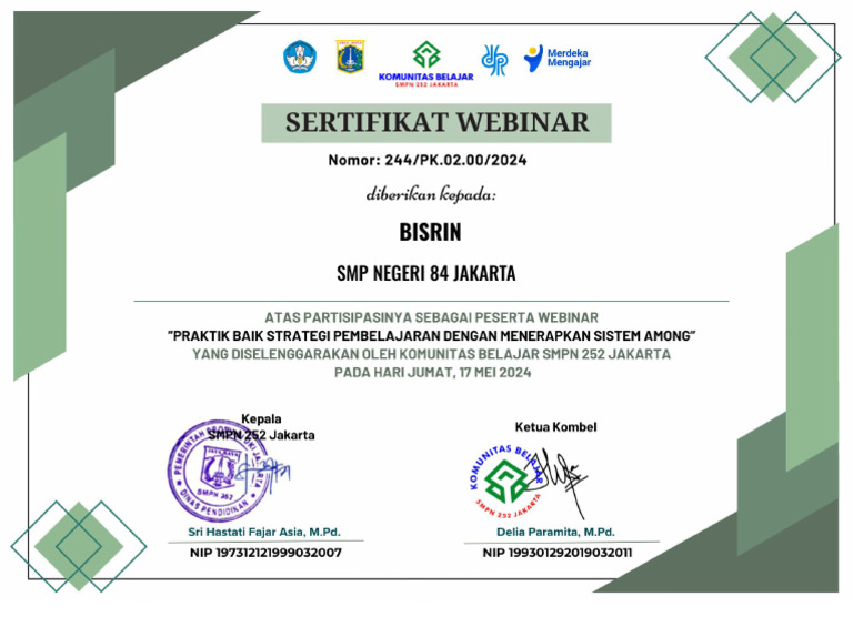 2e. Sertifikat Praktik Baik KOMBEL Straytegi Pembelajaran Dengan Sistim Among - BISRIN | PDF