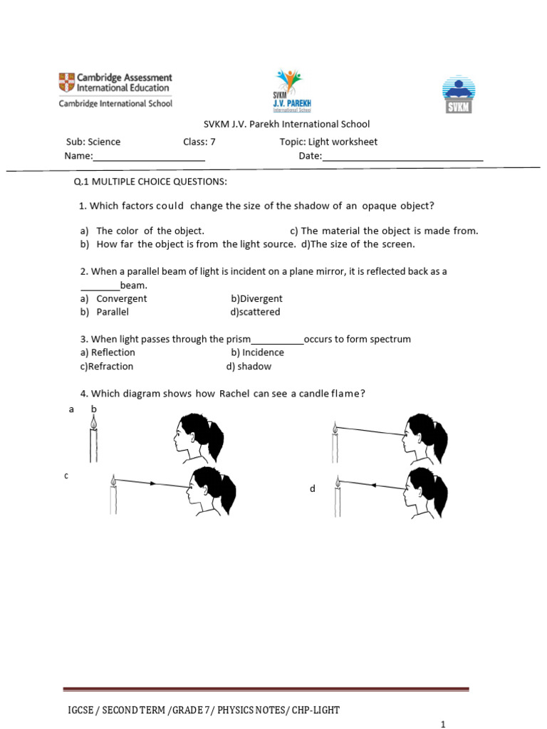 Light Grade 7 Exam Questions | PDF | Light | Eye