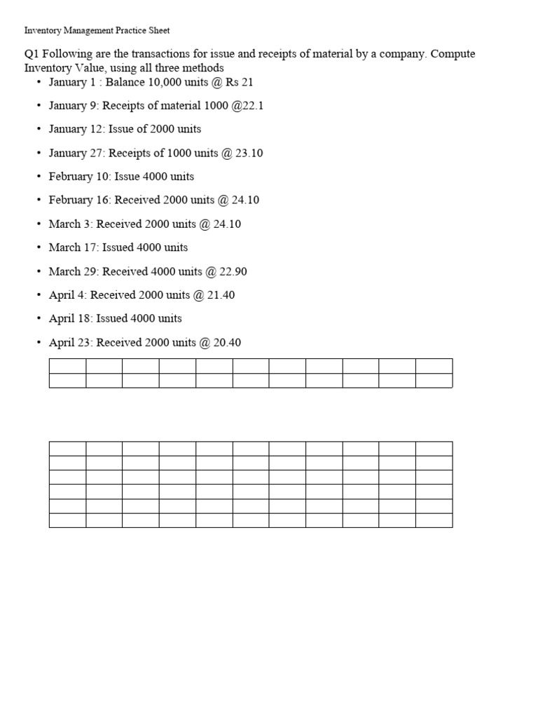 Inventory Management Practice Sheet | PDF | Inventory | Logistics