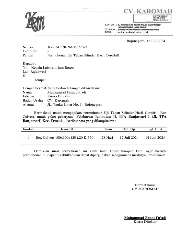 Surat Permohonan Uji Tekan Beton Coredrill BC KRM TPA Banjarsari | PDF