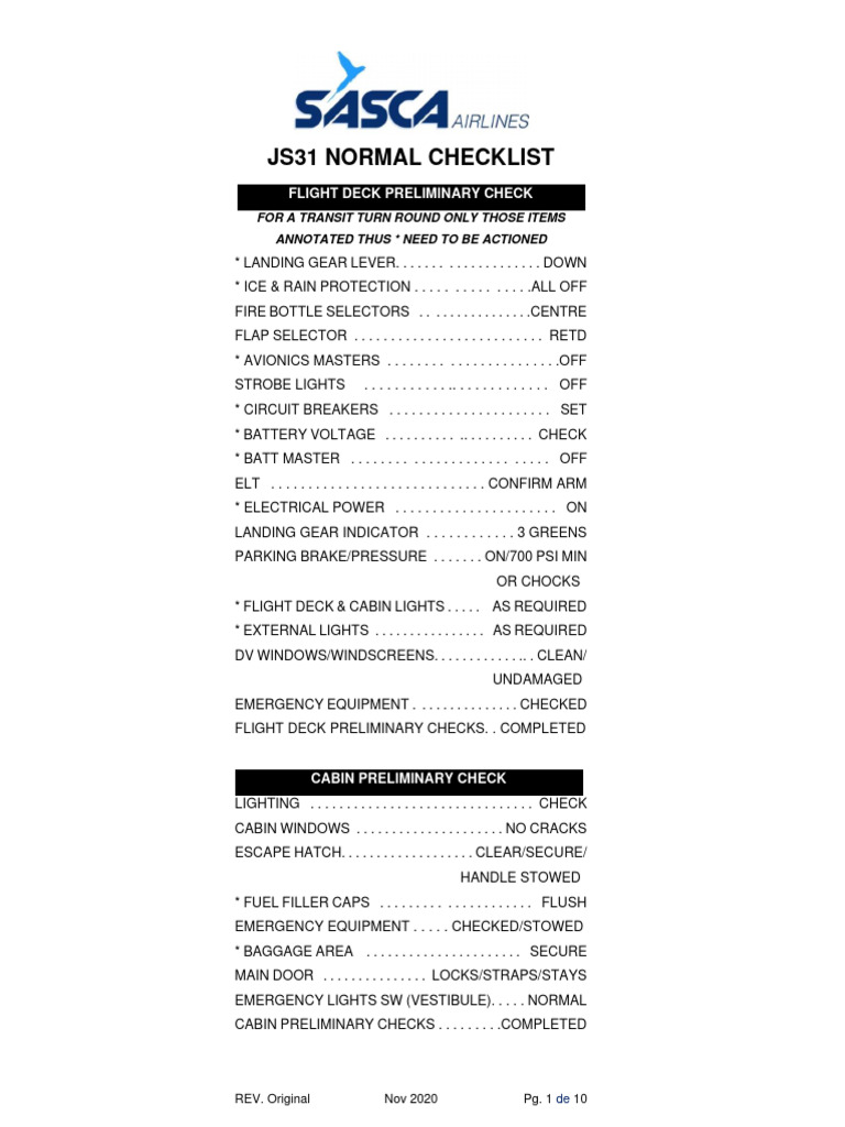Checklist JS31 FINAL | PDF | Aviation | Aircraft