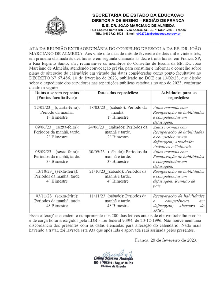 Ata Alteração Do Calendario 2023 | PDF
