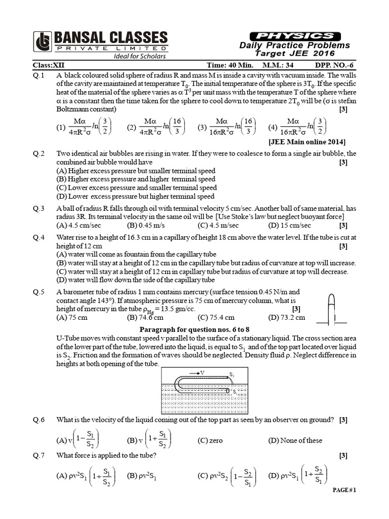 Bansal Classes Physics DPP's | PDF | Pressure | Liquids