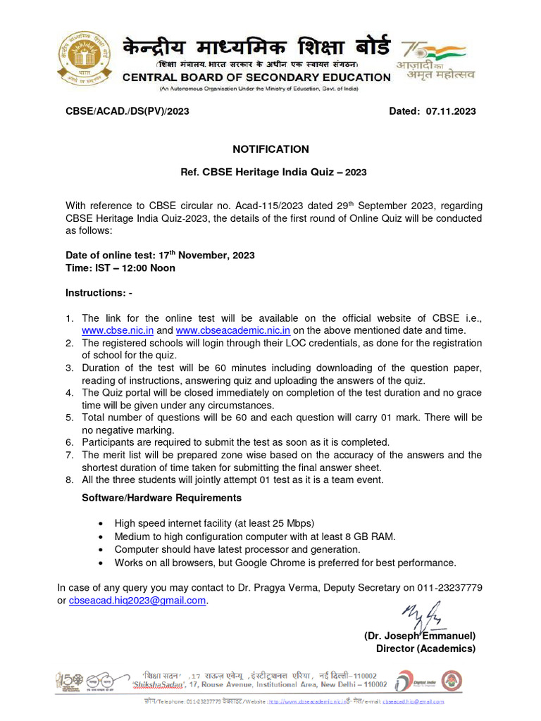 CBSE Notification Schedule of Round 1 CBSE Heritage India Quiz 2023 ...