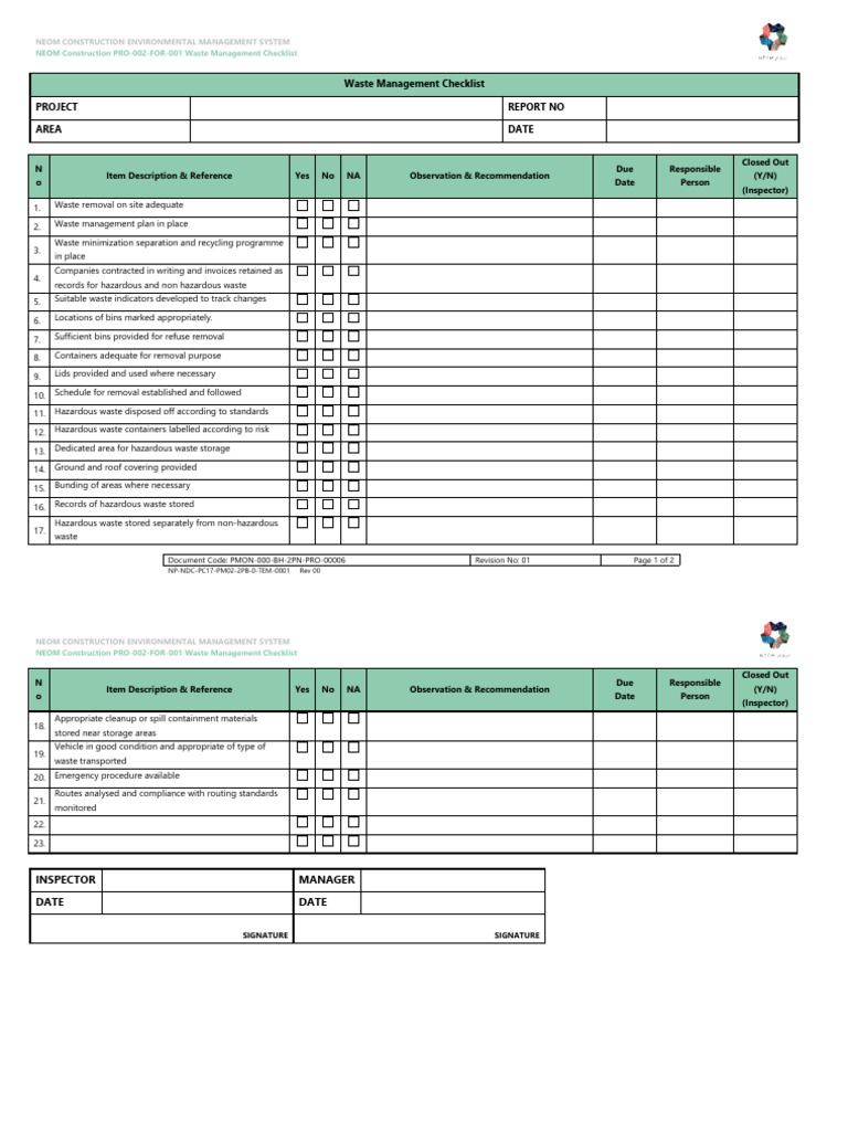 EP7.002.010 EMS PRO-002-For-001 Waste Management Checklist Rev 001 ...