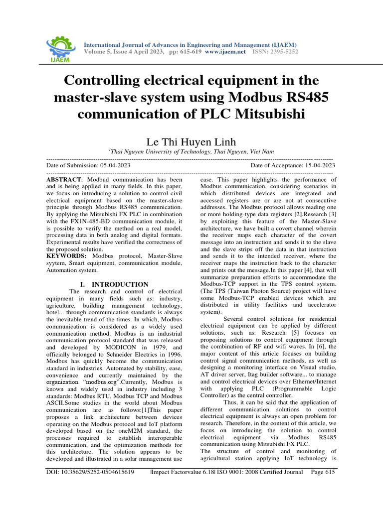 Controlling electrical equipment in the master slave system using Modbus RS485 communication of ...