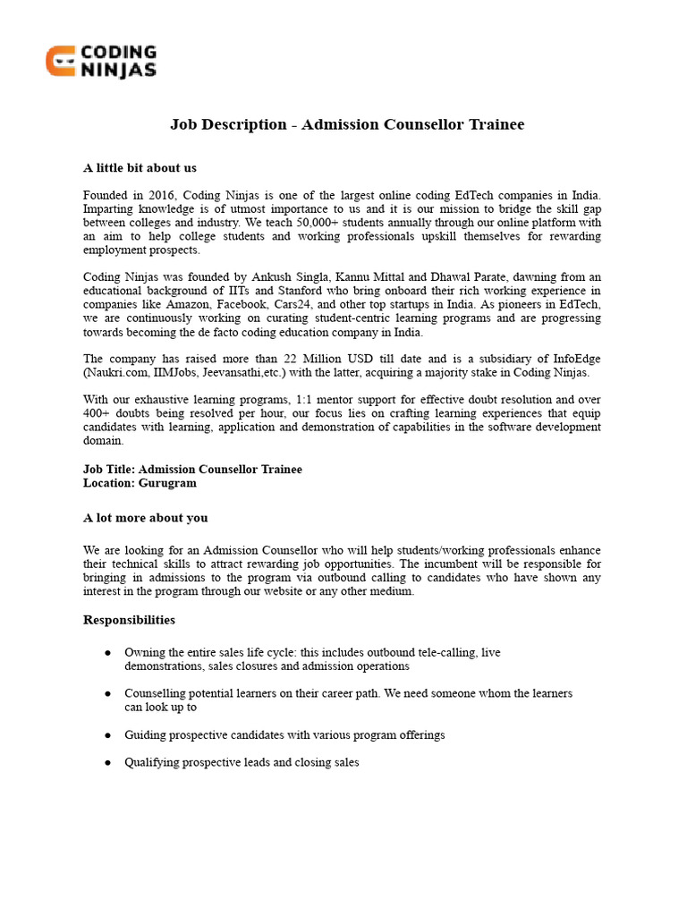 JD - Admission Counsellor Trainee | PDF | Educational Technology | Learning