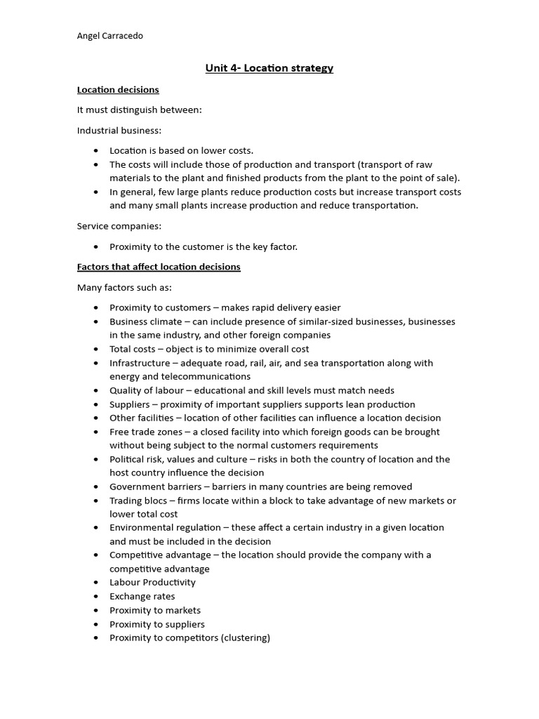 Unit 4 - Location Strategy | PDF | Supply Chain | Market (Economics)