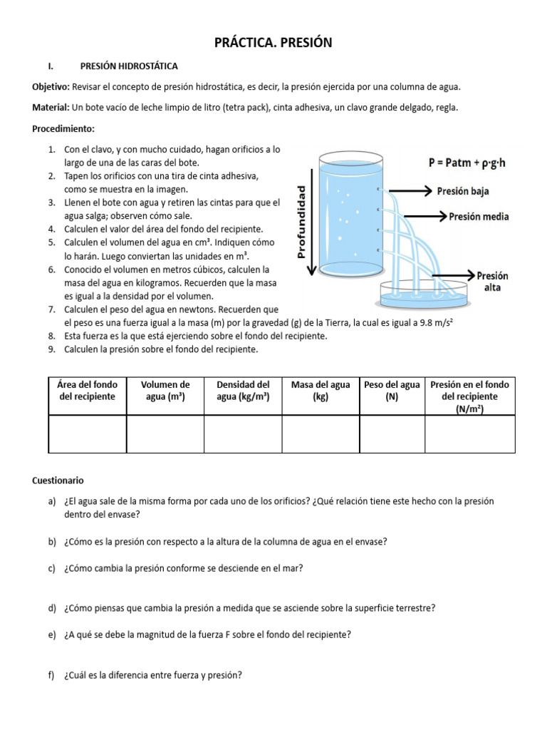 Pr-Ctica. Presi-N y Principio de Pascal | PDF | Presión | Botella
