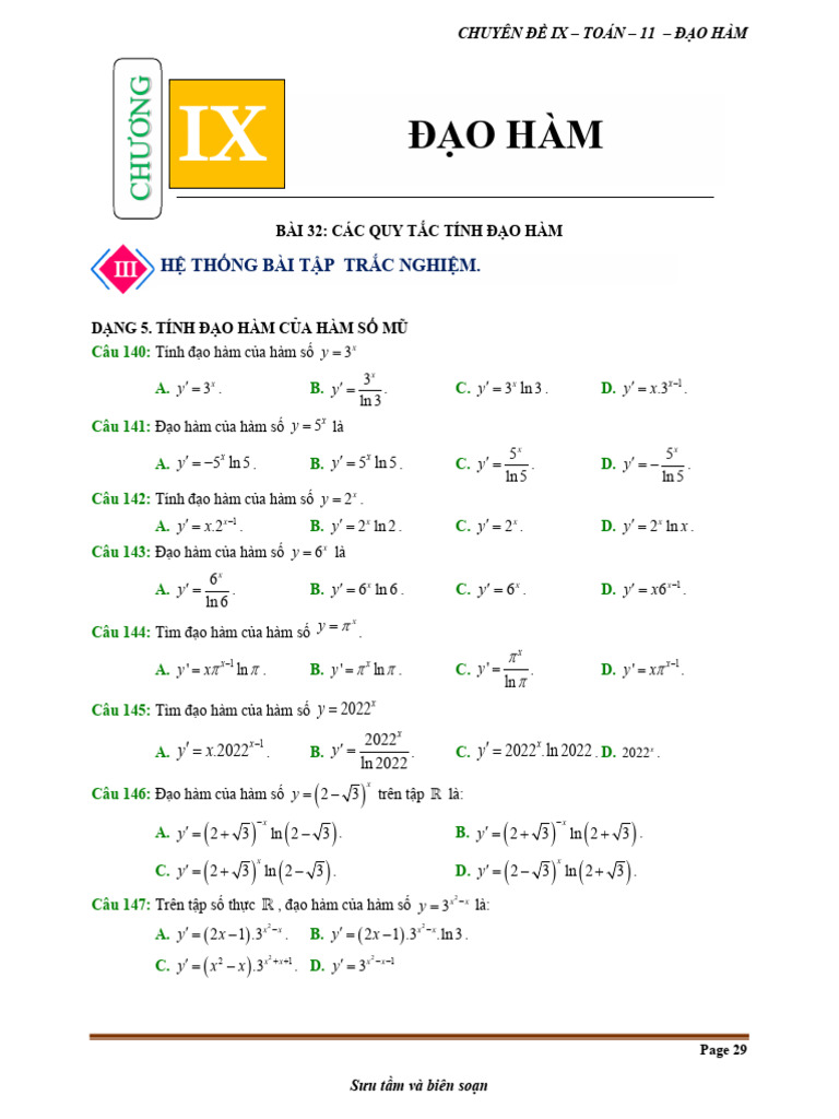 Hệ Thống Bài Tập Trắc Nghiệm.: 5 y= 5 ln5 y′ = − 5 ln5 y′ = | PDF