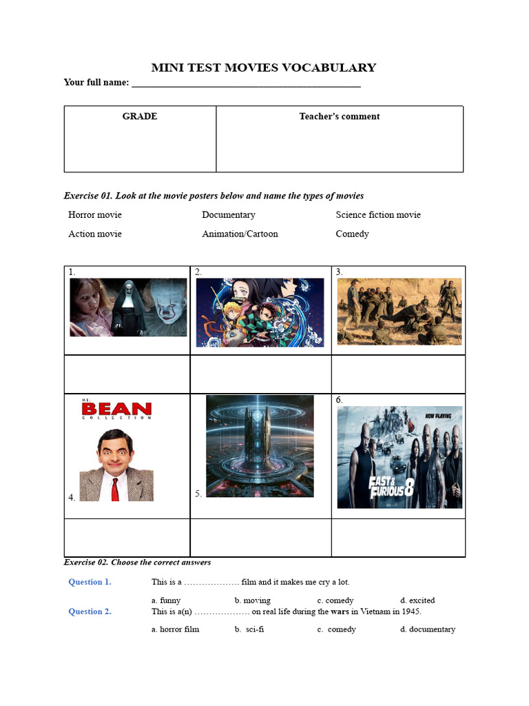 Mini Test Movies Vocabulary | PDF