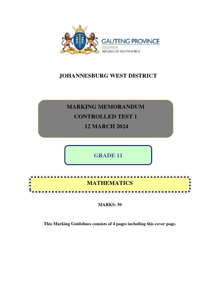 MEMO JW MATH GRADE 11 TERM 1 TEST - 2024 - Final | PDF | Applied ...