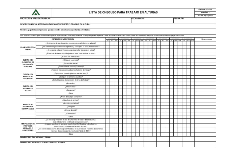 Sst-f-53 Lista de Chequeo para Trabajo en Alturas | PDF