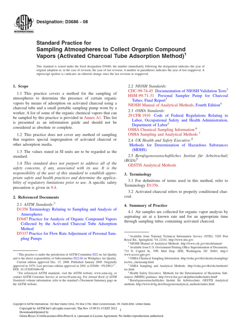 ASTM D3686-08 Standard Practice For Sampling Atmosphere To Collect ...