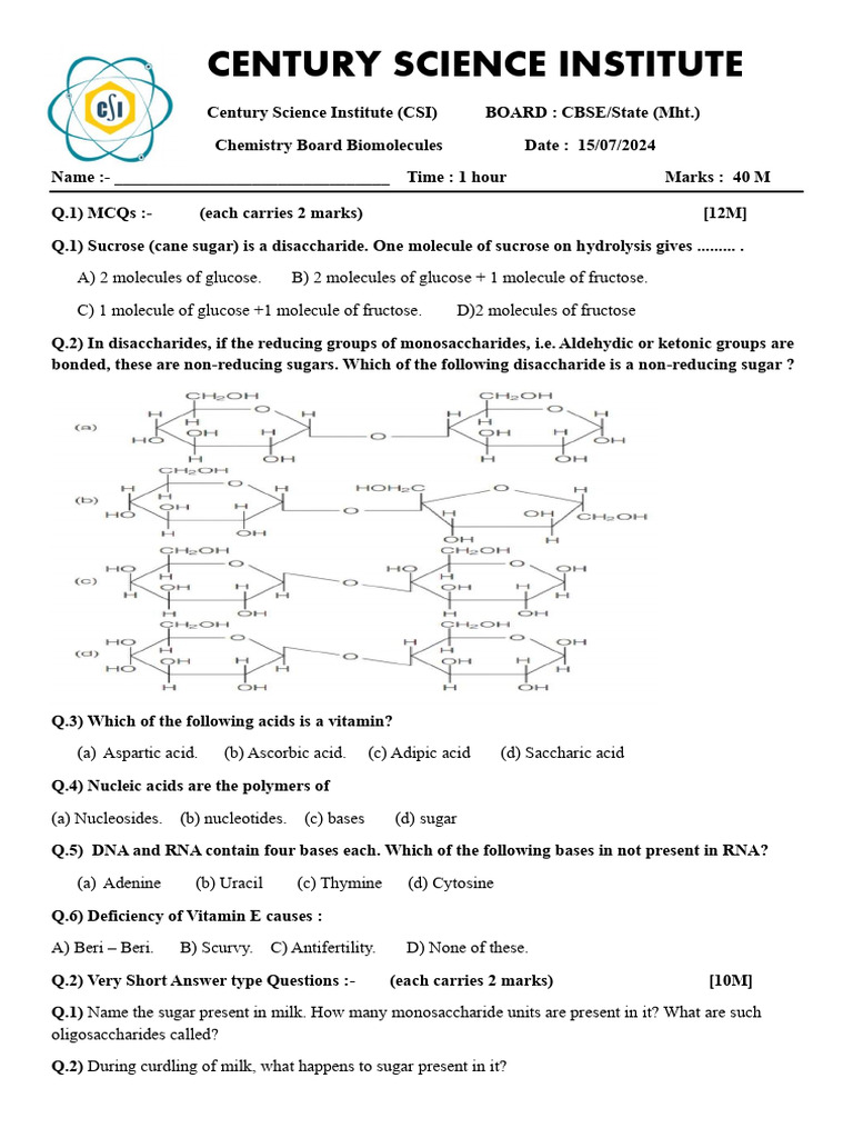 Csi - Chem. Biomolecules Test 1 | PDF | Nucleic Acids | Carbohydrates