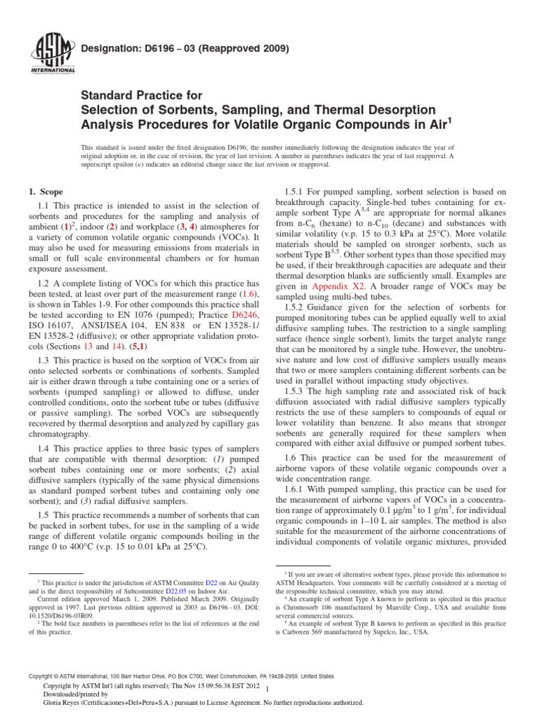 ASTM D6196-03 Reapproved 2009 Standard Practice For Selection of Sorbents Sampling and Thermal ...