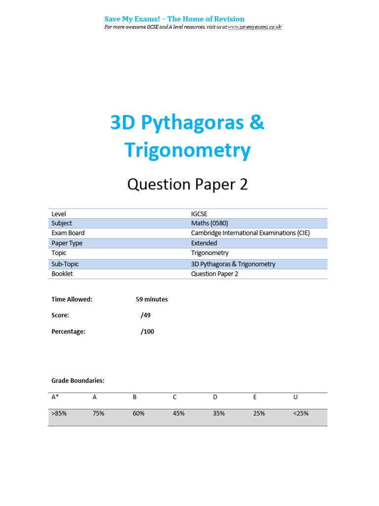 64 2 3d Pythagoras Trigonometry Cie Igcse Maths 0580 Ext Theory Qp Pdf Secondary Education