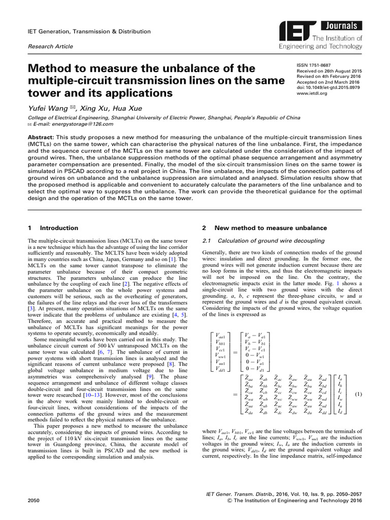 Iet Generation Trans Dist 2016 Wang Method To Measure The Unbalance Of The Multiple