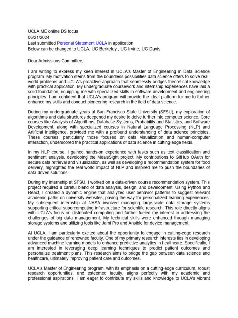 Statment of Purpose UC - S | PDF | Data Science | Machine Learning