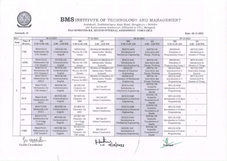 1st Sem - IA2 - Time Table Dec 2023 | PDF