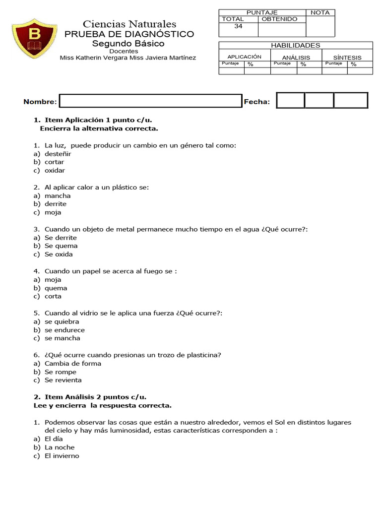 Prueba Diagnóstica Ciencias Naturales 2° Básico | PDF | Temporada de ...