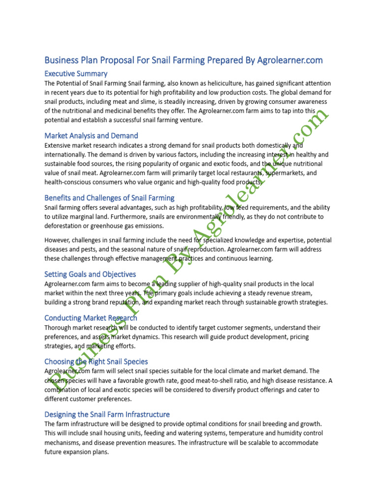 Business Plan Proposal For Snail Farming Prepared by Agrolearner | PDF ...