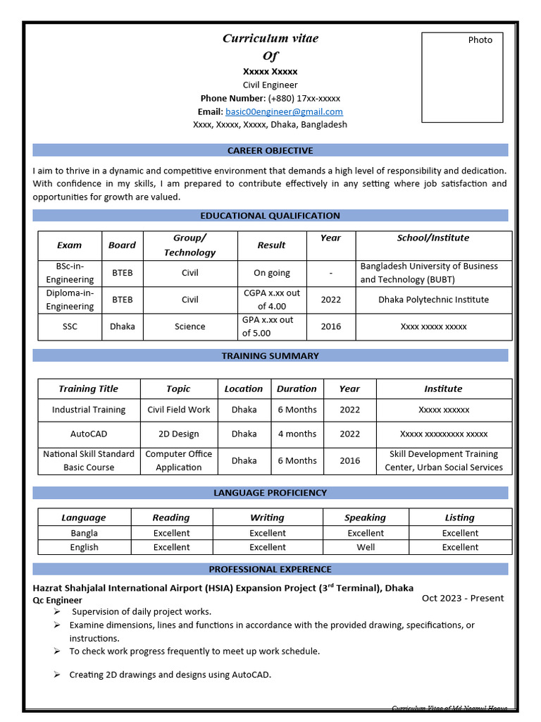Sample Curriculum vitae of Civil Engineer | PDF