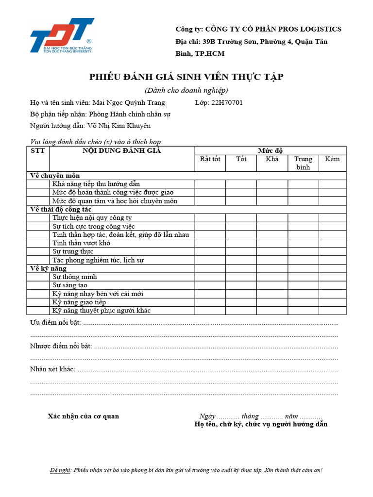 HRM - PHIEU DANH GIA SV (Danh Cho DN) | PDF