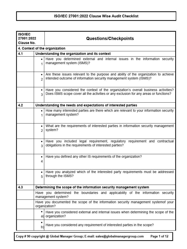Audit Checklist ISO 27001 | PDF | Information Security | Risk