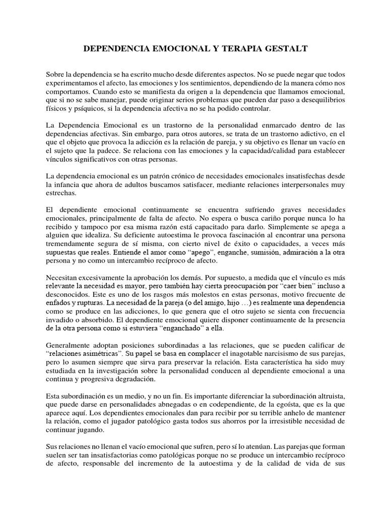 Tema 2 DEPENDENCIA EMOCIONAL Y TERAPIA GESTALT | PDF | Terapia Gestalt | Las emociones