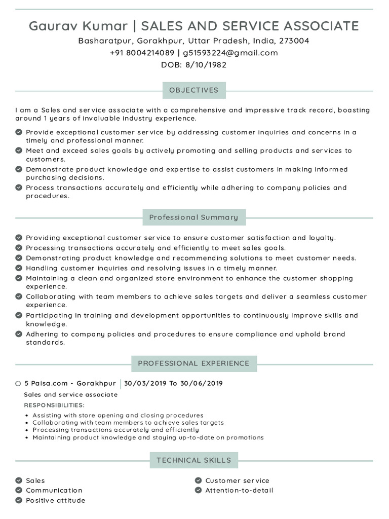 Gaurav Kumar: Sales & Service Associate Resume | PDF | Sales | Attention