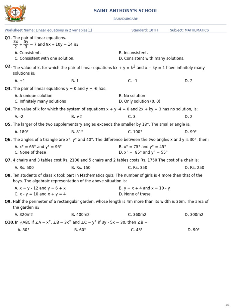 Linear Equations in 2 Variables (1) - 10TH-MATHEMATICS | PDF | System ...